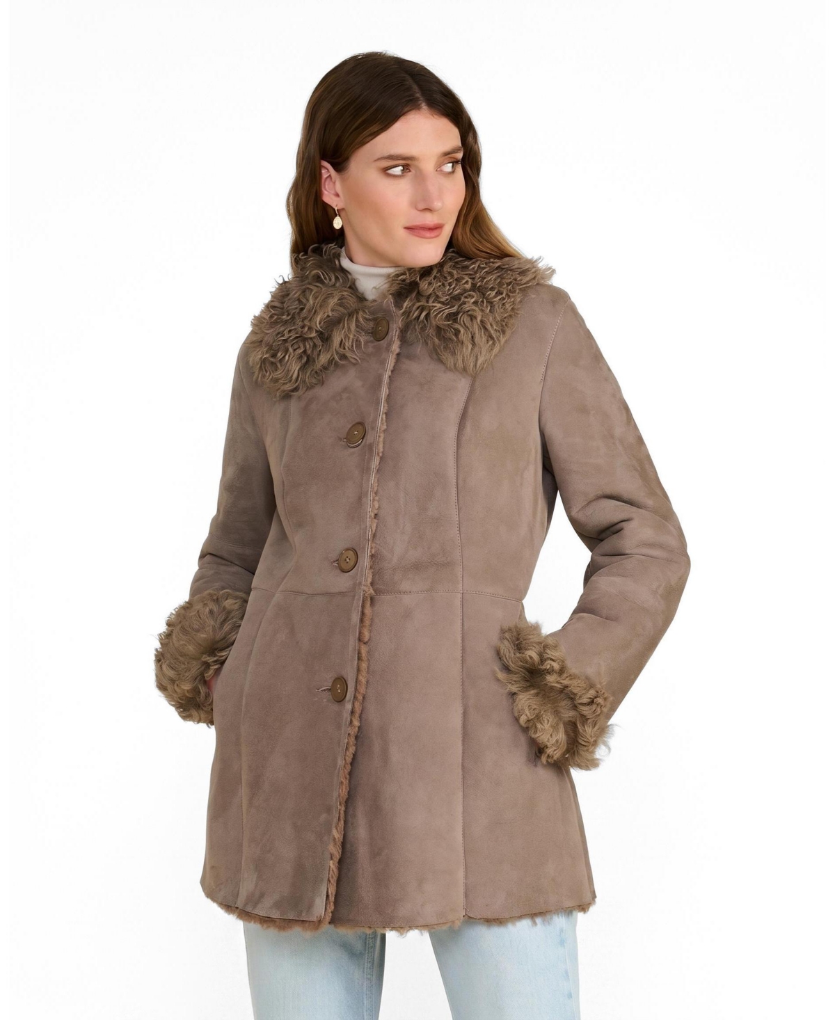 Click here for Furniq Uk Womens Aubrey Shearling Coat - Taupe prices