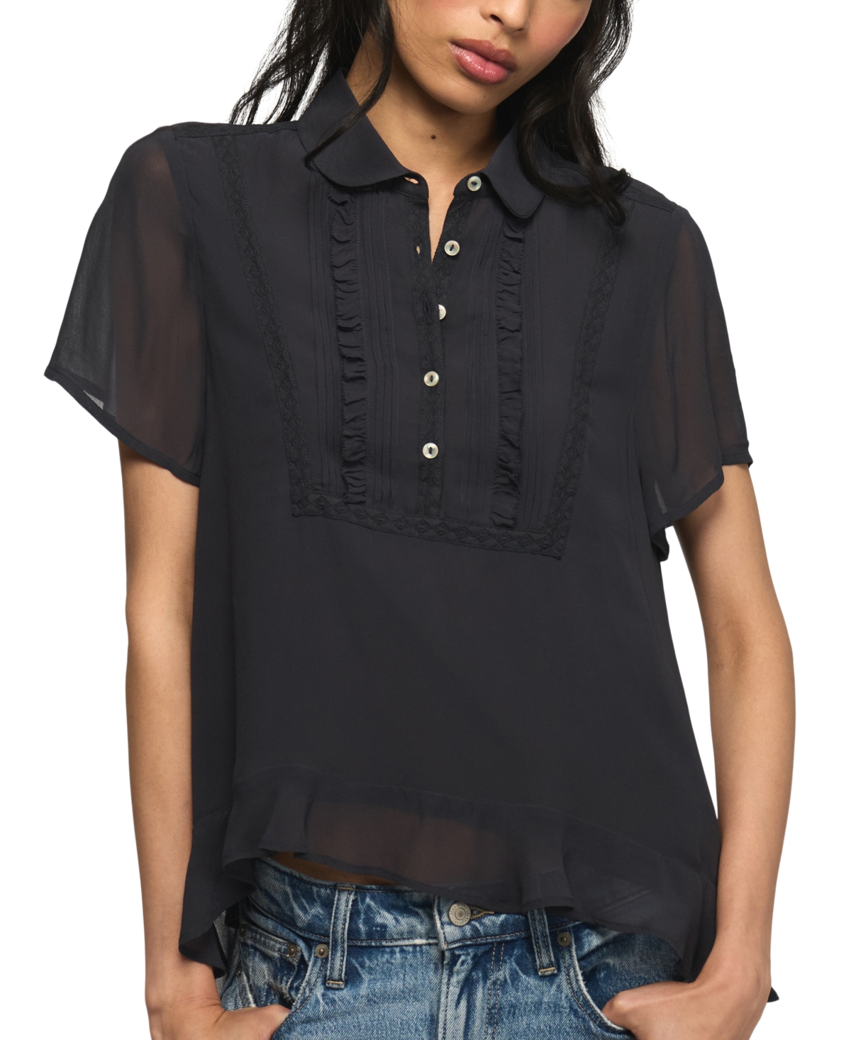 Click here for Lucky Brand Womens High-Low Ruffle Short-Sleeve Bl... prices
