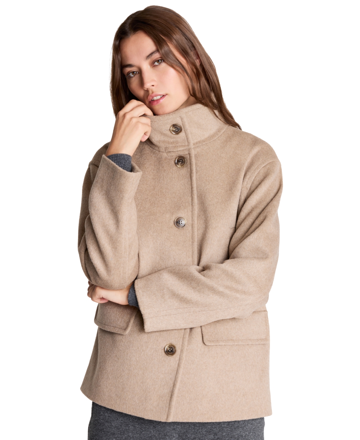 Click here for Kenneth Cole Womens Short Funnel-Neck Coat - Nutme... prices