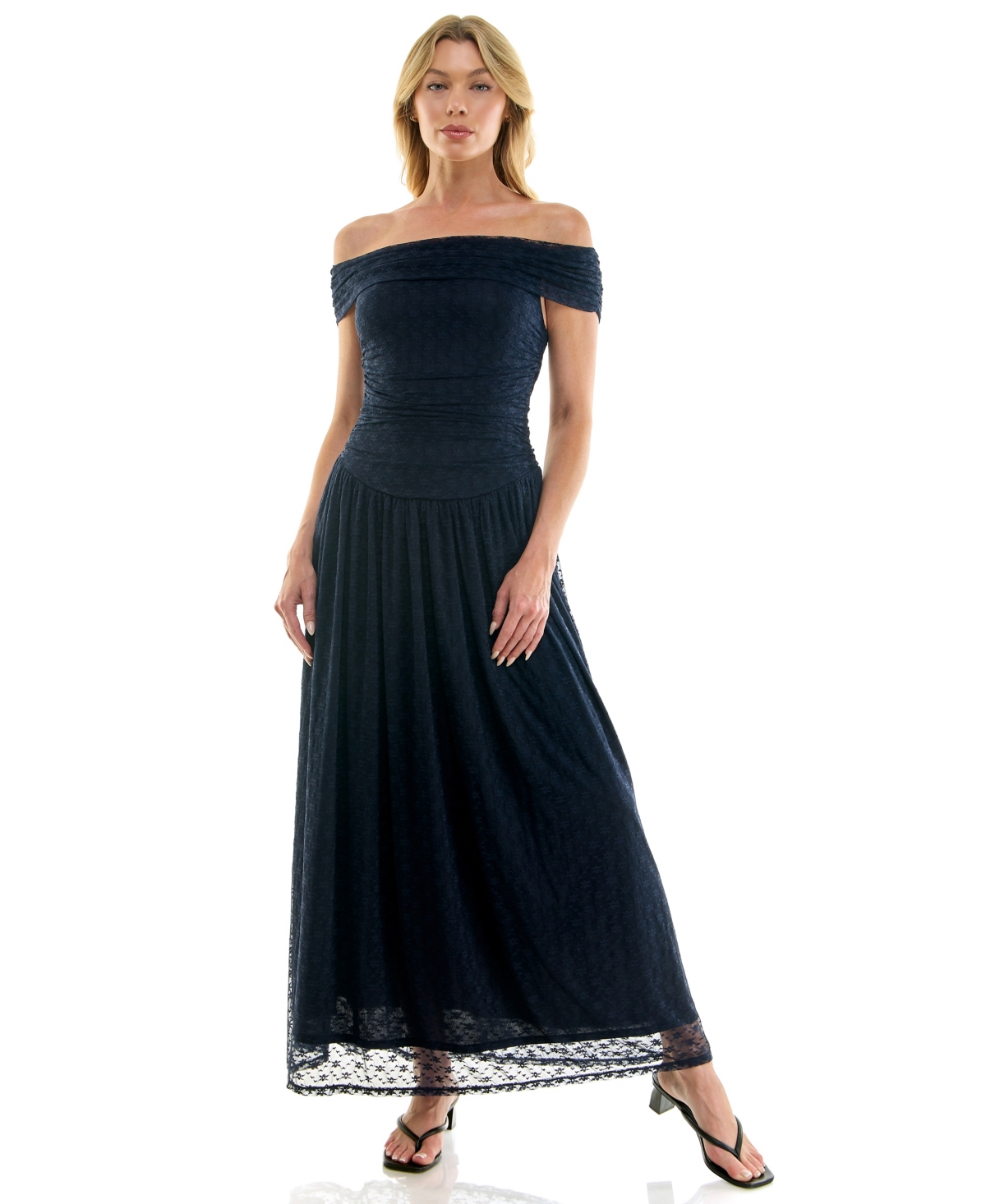 Click here for Beauty & Grace Juniors Lea Off-the-Shoulder Lace R... prices