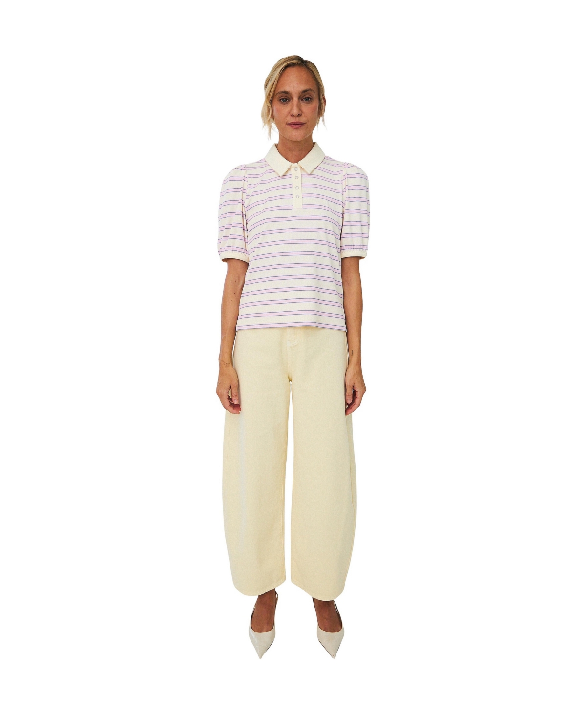 Click here for Cras Womens Kleo Striped Polo Shirt - Creme lilac... prices