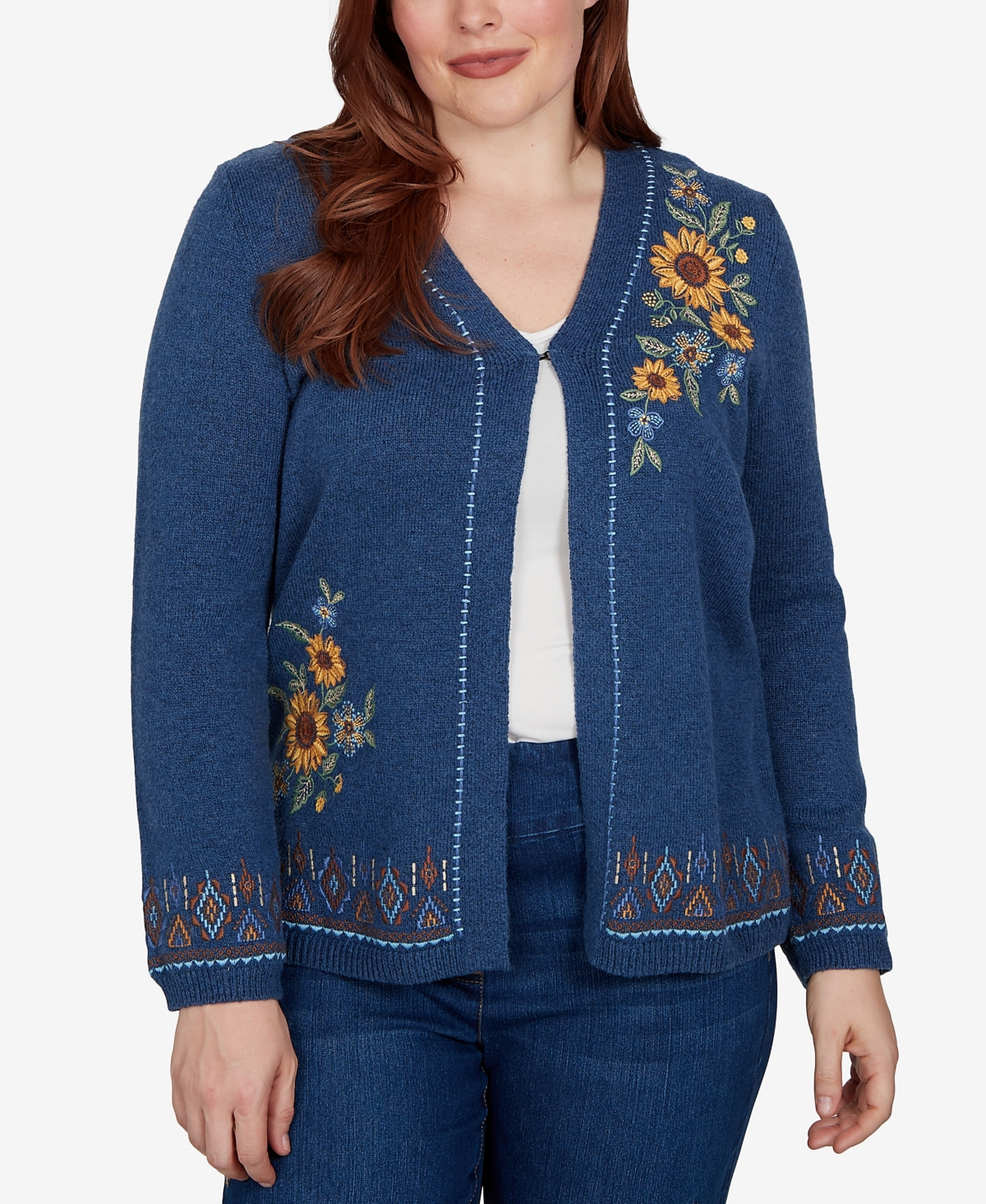 Click here for Alfred Dunner Petite V-Neck Long-Sleeve Floral Emb... prices