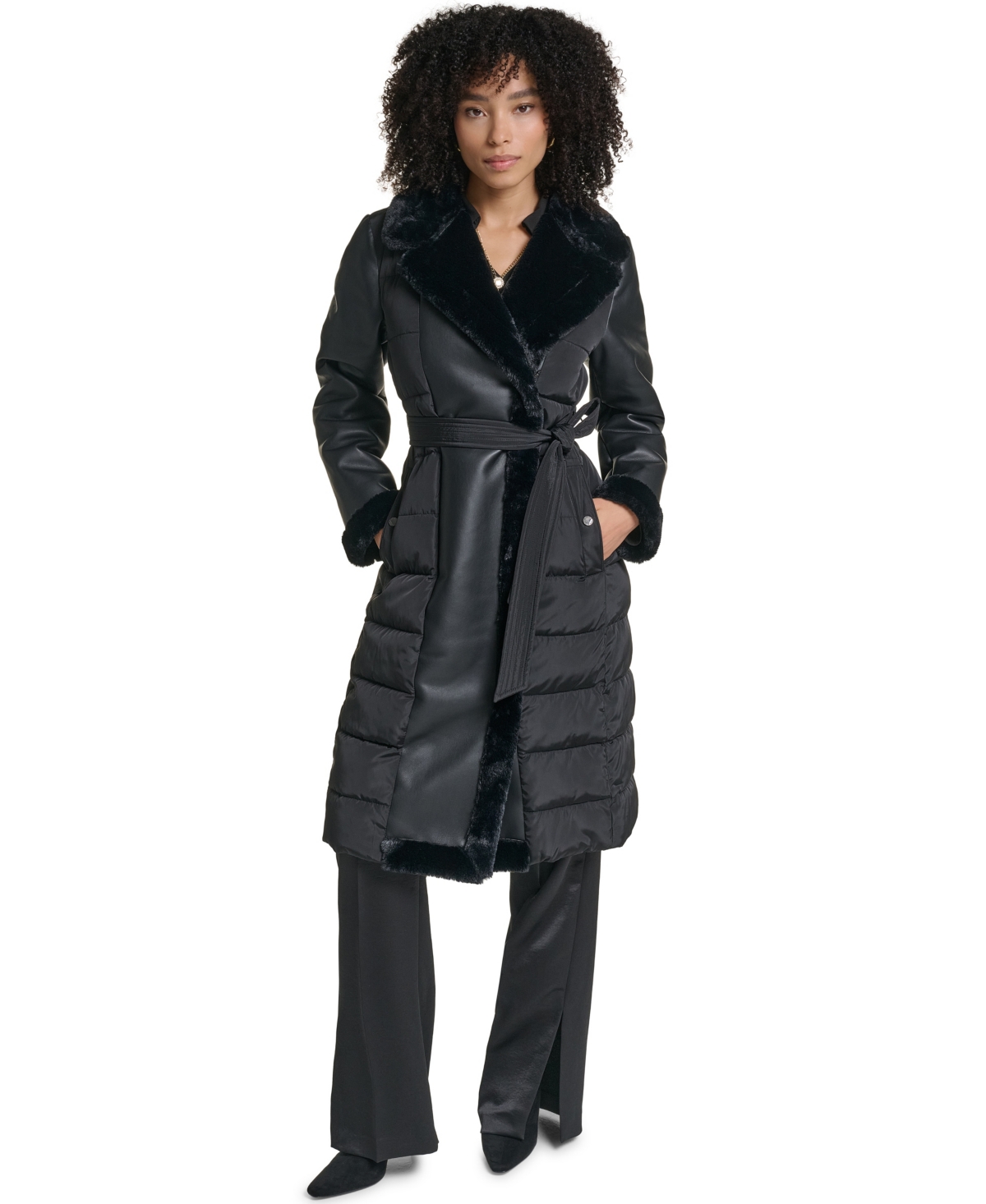 Click here for Karl Lagerfeld Paris Long Belted Puffer Coat - Bla... prices