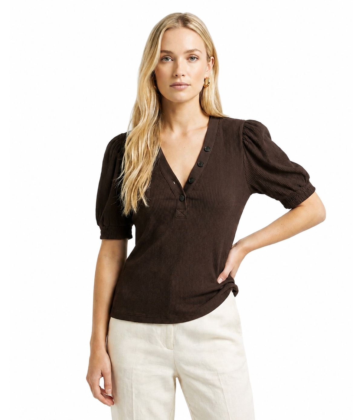 Click here for Jason Wu Womens V-Neck Puff Sleeve Top - Mocha bro... prices