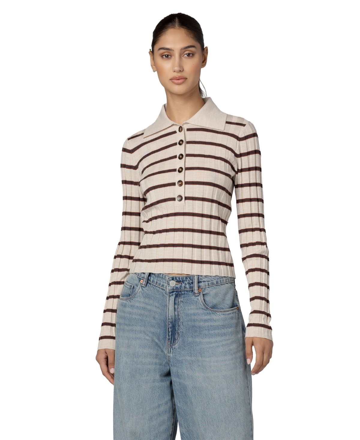 Click here for Blank Nyc Womens Second Date Knit Stripe Polo Top... prices