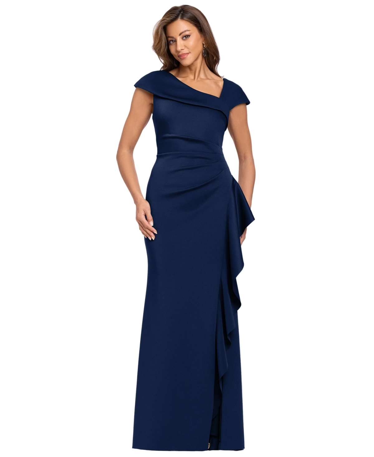 Click here for Xscape Petite Asymmetrical Neck Scuba Ruffle Sheat... prices