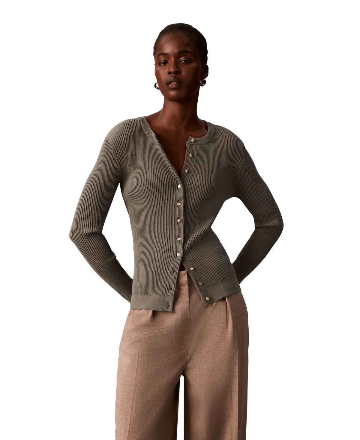 Click here for Calvin Klein Petite Button-Front Rib Crewneck Card... prices