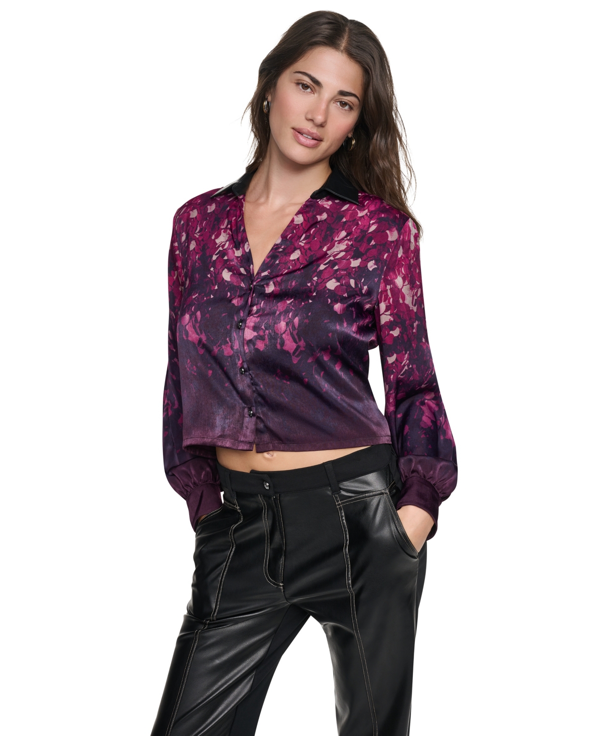 Click here for Dkny Womens Long-Sleeve Button-Down Faux Leather C... prices