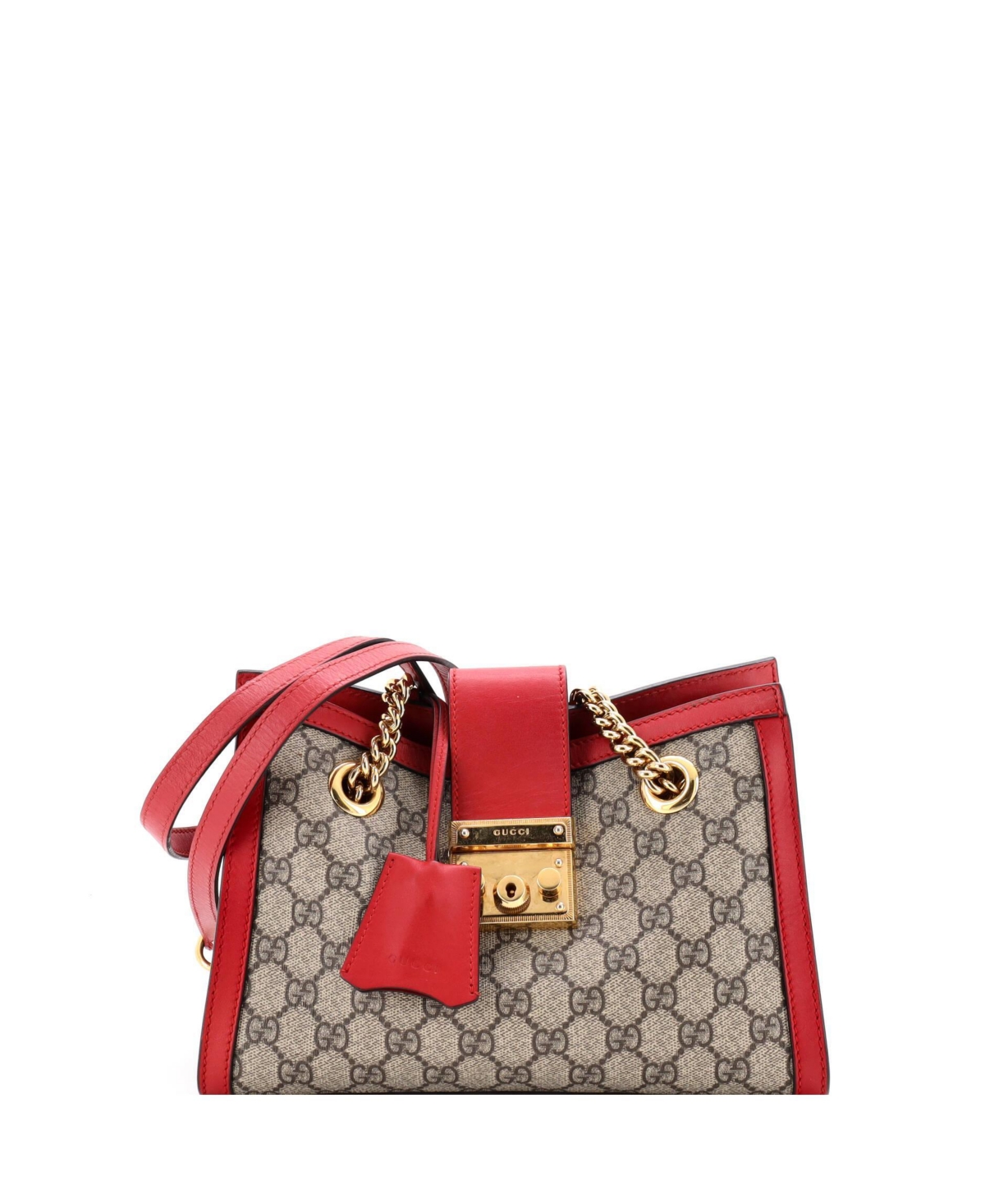 Click here for Pre-Owned Gucci Small Padlock Chain Tote Gg Coated... prices