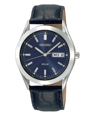 Seiko Watch, Men's Solar Blue Dial Black Leather Strap 37mm SNE049 - Macy's