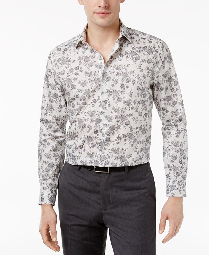 Bar III Men's Slim-Fit Stretch Mistic Grey Rose Print Dress Shirt ...