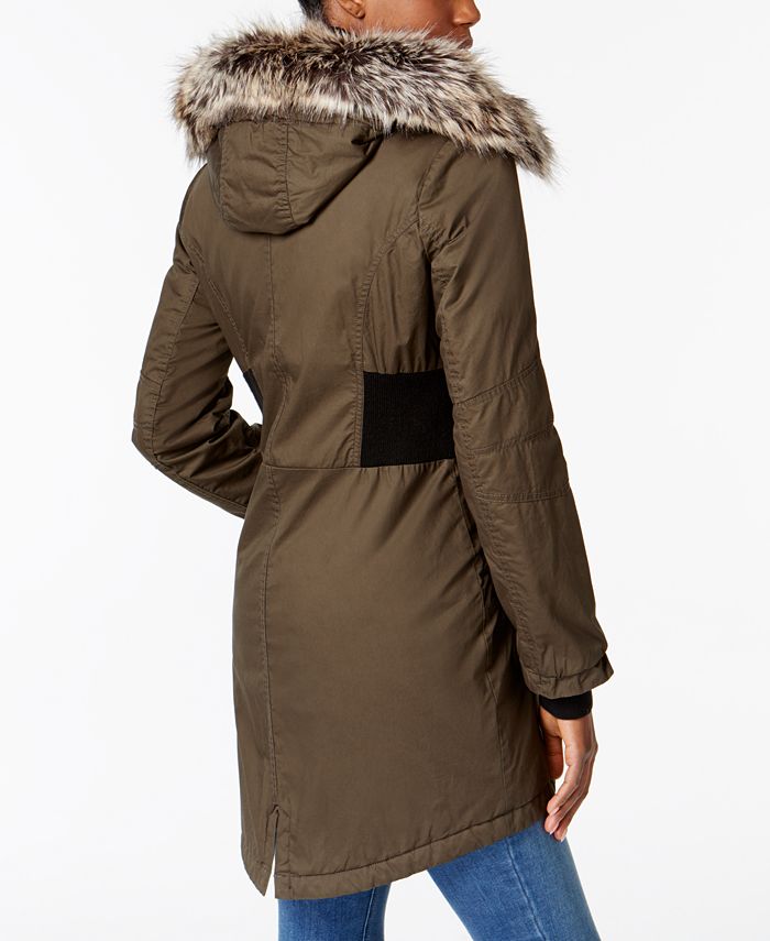 French Connection Faux-Fur-Trim Mixed-Media Parka - Macy's