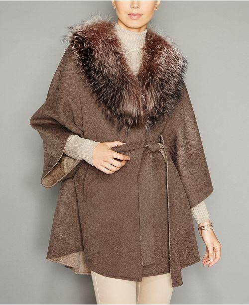 The Fur Vault Fox-Fur-Trim Belted Wool-Blend Cape & Reviews - The Fur ...