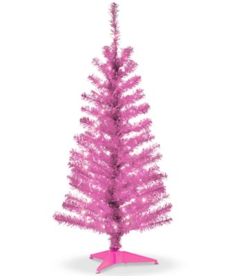 National Tree Company 4' Pink Tinsel Tree with Plastic Stand & 70 Clear ...
