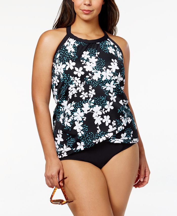 Swim Solutions Plus Size Garden Confetti High Neck Underwire Tankini