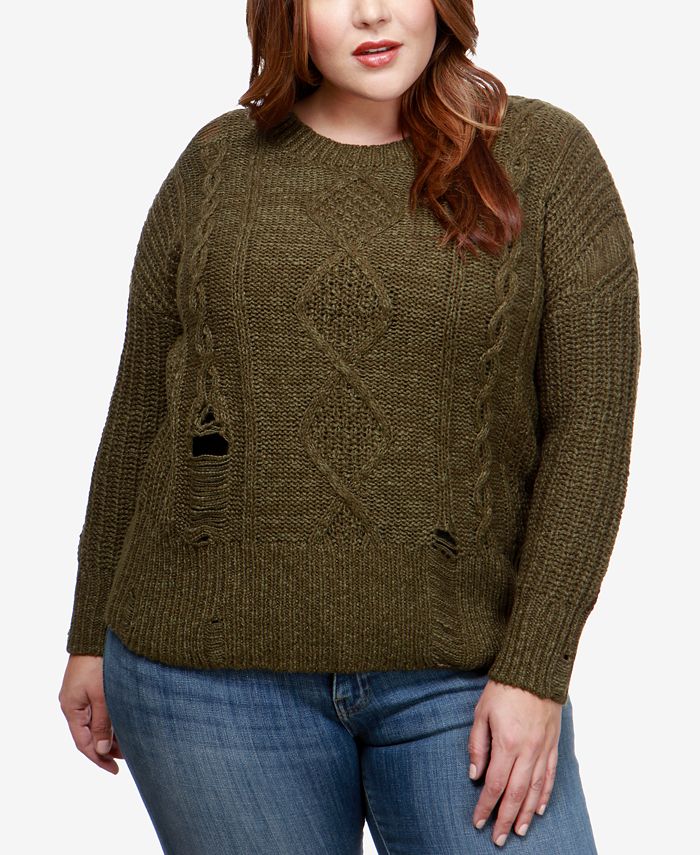 Lucky Brand Trendy Plus Size Distressed Crew-Neck Sweater - Macy's