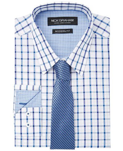 Nick Graham Men's Fitted Windowpane Dress Shirt & Textured Tie Set ...