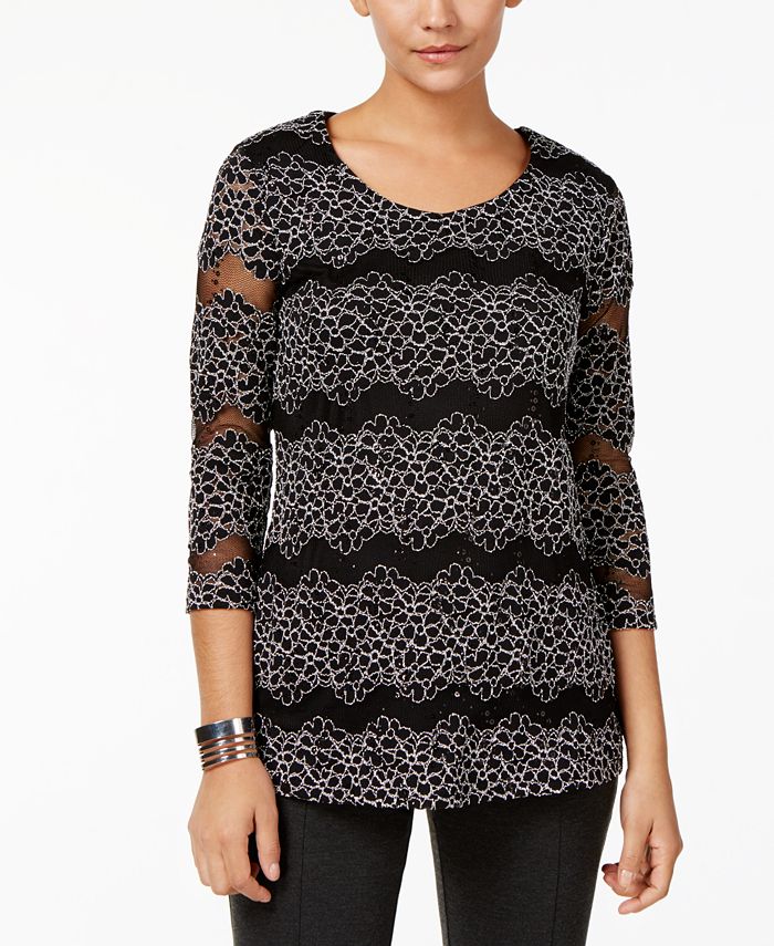 JM Collection Petite Striped Lace Top, Created for Macy's - Macy's