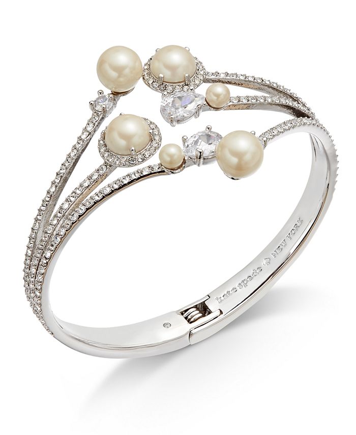 kate spade new york Silver-Tone Imitation Pearl & Pavé Hinged Bangle ...