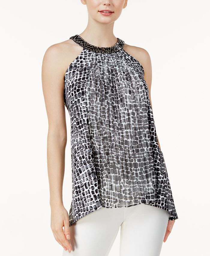 Alfani Petite Printed Embellished-Neck Top, Created for Macy's - Macy's