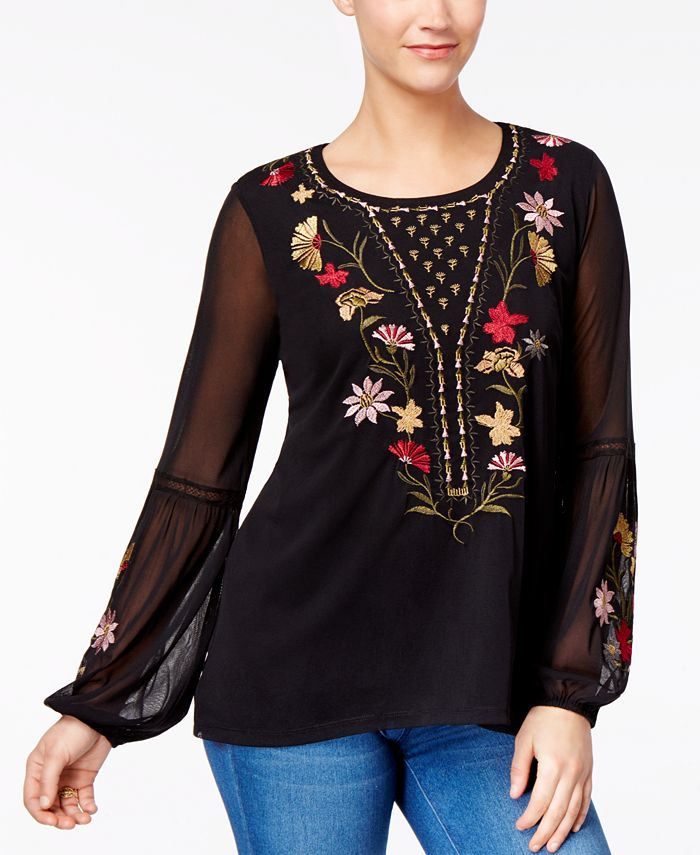 Style & Co Embroidered Mesh Top, Created for Macy's - Macy's