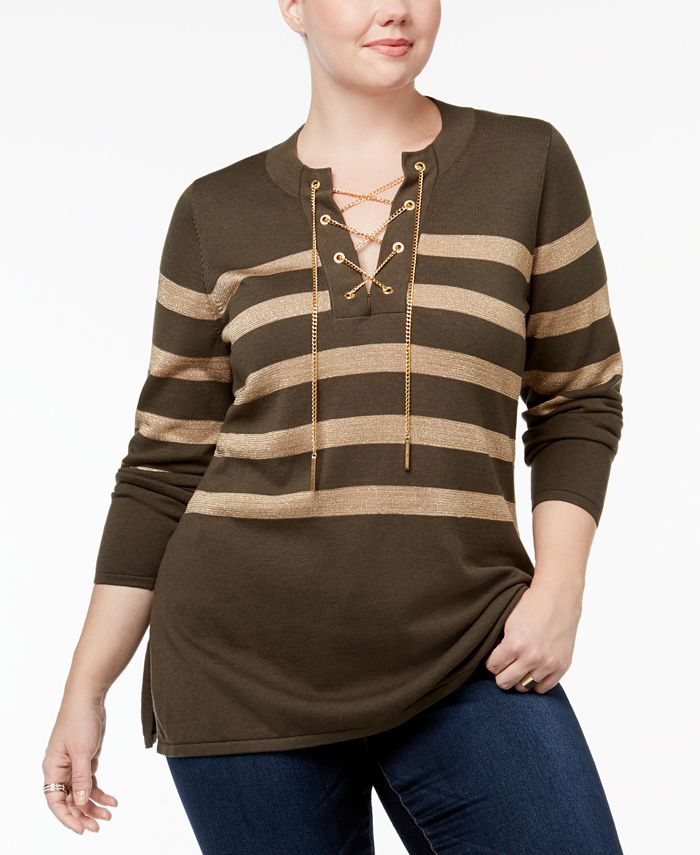 Michael Kors Plus Size Lace-Up Striped Sweater - Macy's