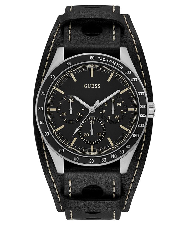 GUESS Men's Black Leather Strap Watch 44mm - Macy's