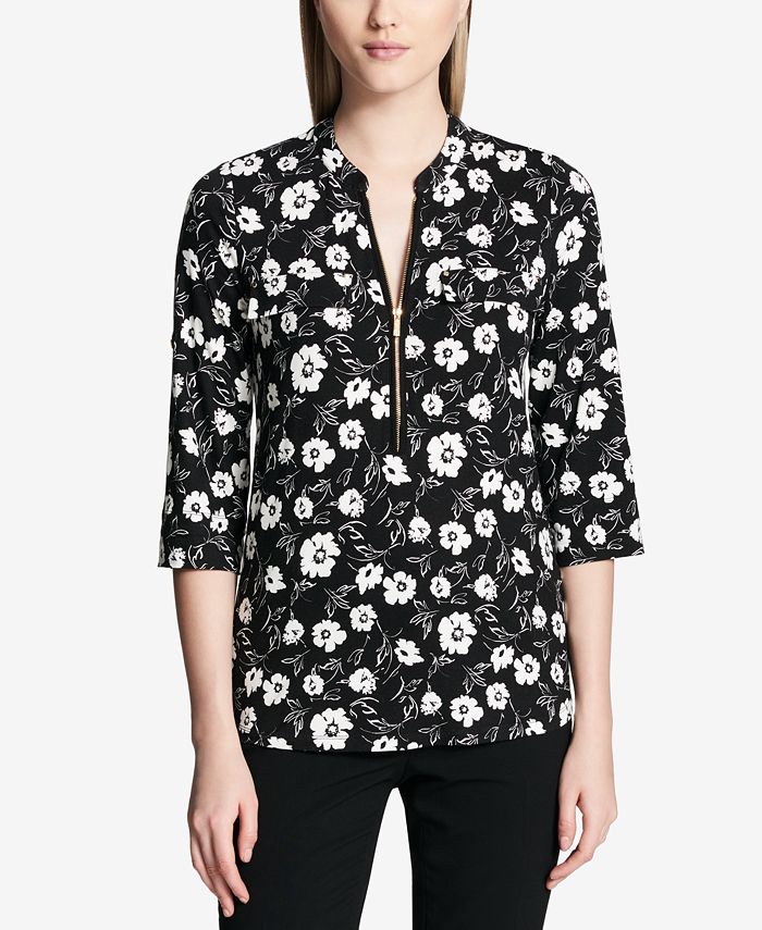 Calvin Klein Printed Zip-Front Top - Macy's