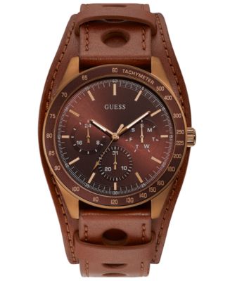 GUESS Men's Brown Leather Cuff Strap Watch 44mm - Macy's