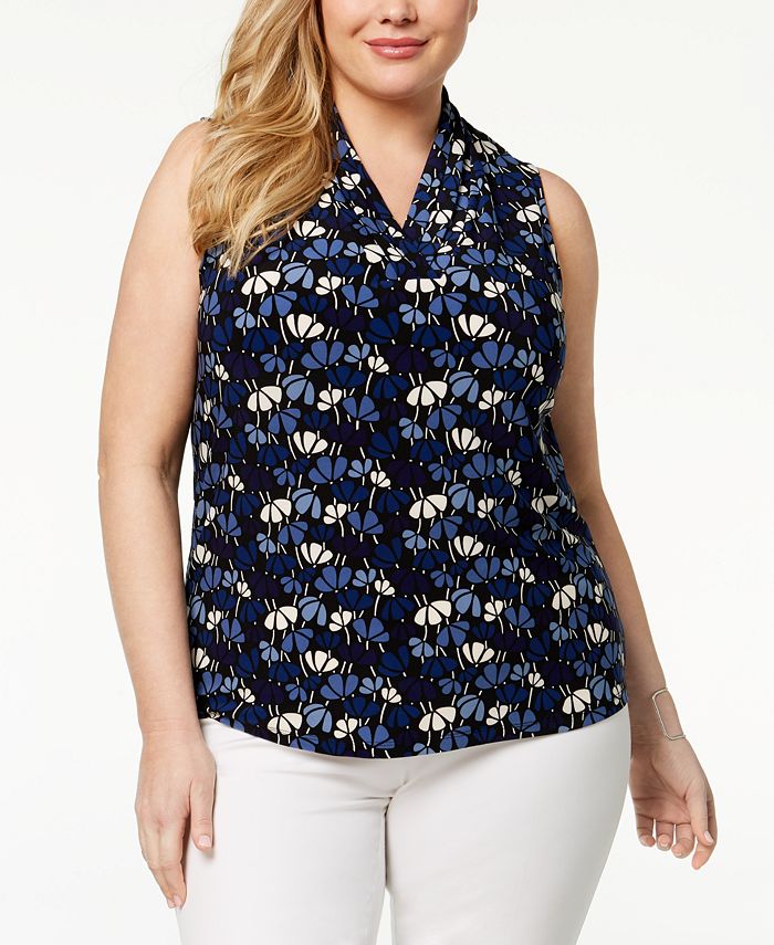 Anne Klein Plus Size Printed Pleated Neck Top Macys