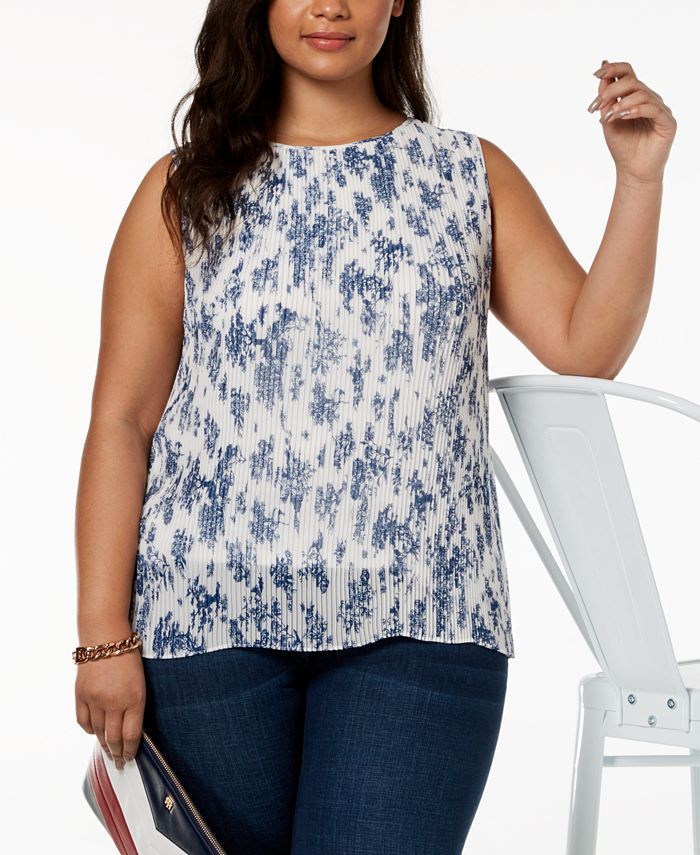 Tommy Hilfiger Plus Size Pleated Printed Split-Back Top, Created for ...