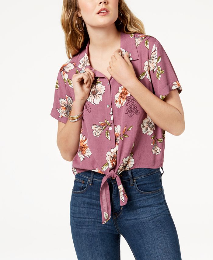 Gypsies & Moondust Juniors' Printed Tie-Front Button-Up Shirt - Macy's