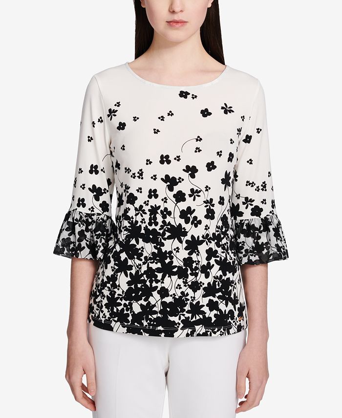 Calvin Klein Printed Ruffle-Sleeve Top - Macy's