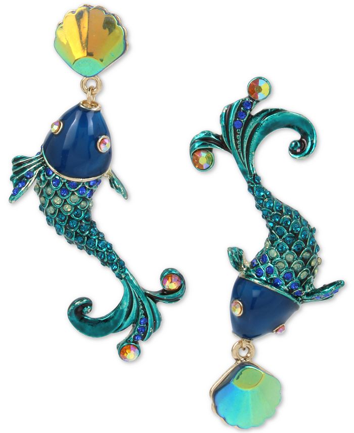Betsey Johnson Extra Large Blue Crystal Fish Mismatch Earrings, 2.5 ...