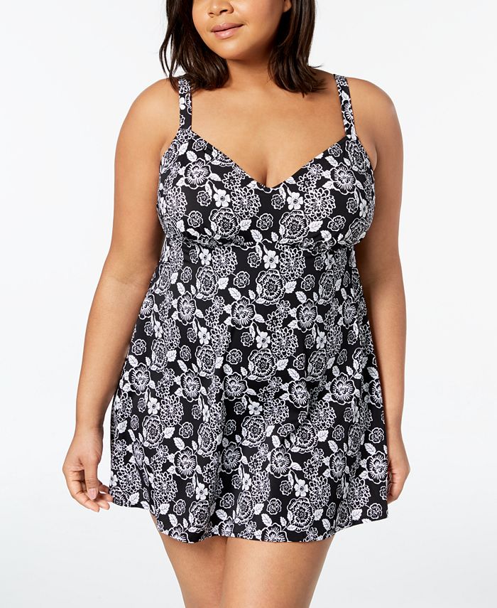 Swim Solutions Plus Size Mini Picks Tummy Control Swimdress Created