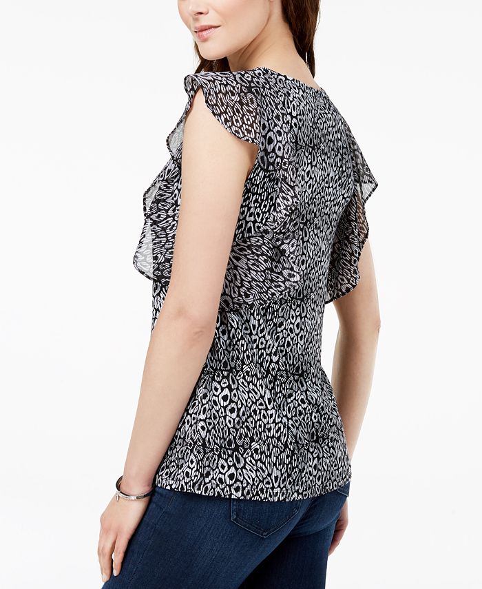Michael Kors Leopard-Print Ruffle-Sleeve Top, Regular & Petite - Macy's