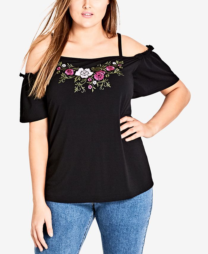 City Chic Trendy Plus Size Cold-Shoulder Embroidered Top - Macy's