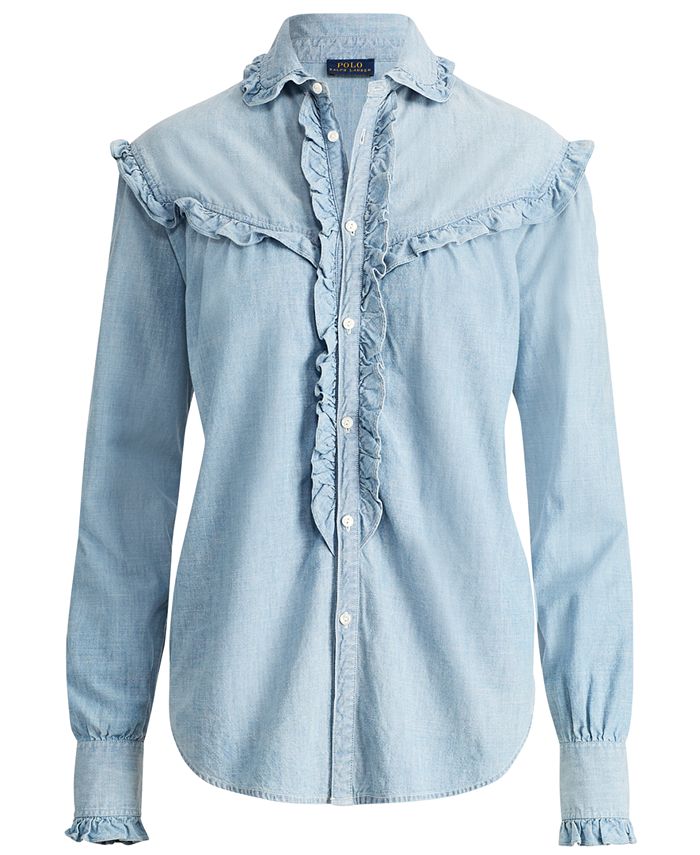Polo Ralph Lauren Ruffle-Trim Denim Cotton Shirt - Macy's