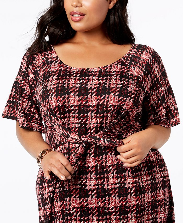 NY Collection Plus Size Printed Tie-Front Shift Dress - Macy's