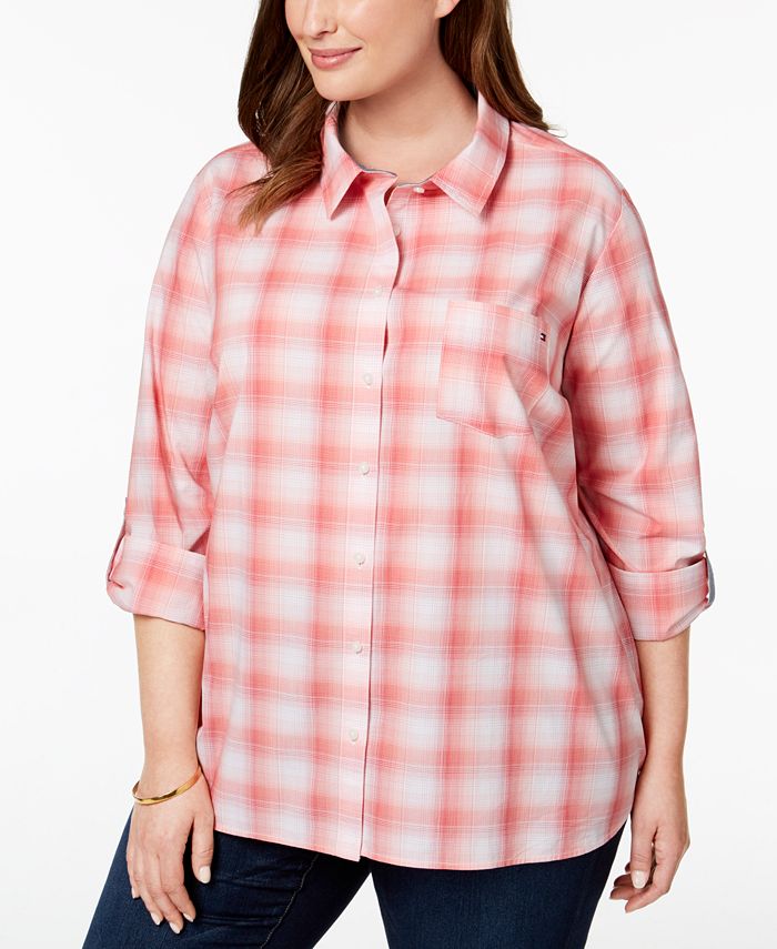 Tommy Hilfiger Plus Size Cotton Plaid Tab-Sleeve Shirt, Created for ...