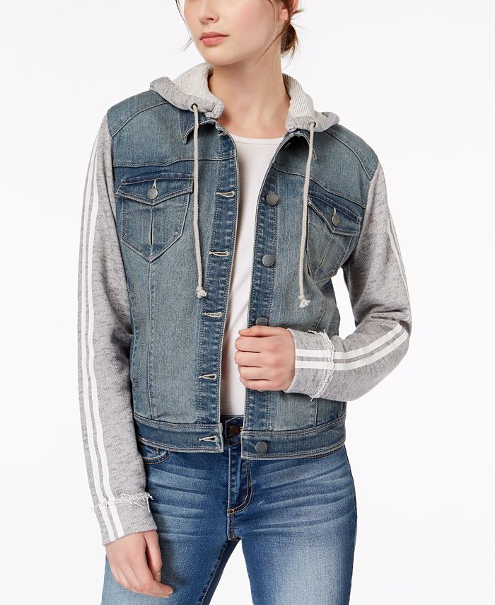 Tinseltown Juniors' Hooded French Terry Denim Jacket - Macy's