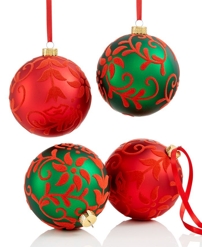 Holiday Lane Shatterproof Flock Leaves Pattern Ball Ornaments, Set of 4 ...