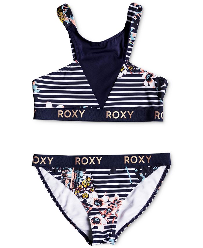 Roxy Big Girls 2-Pc. Striped Floral-Print Swimsuit - Macy's