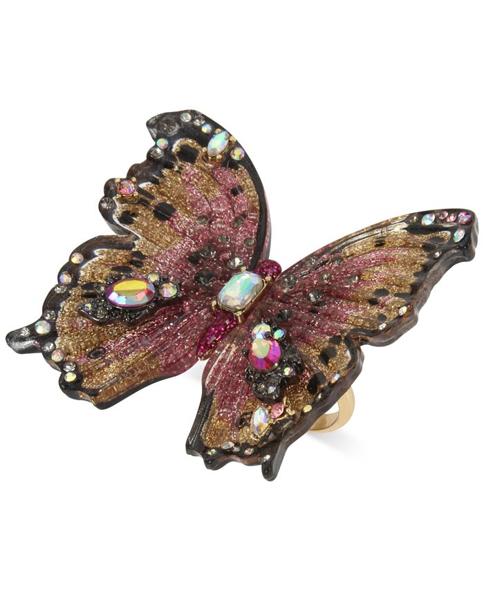 Betsey Johnson Gold-Tone Multi-Stone Butterfly Statement Ring - Macy's