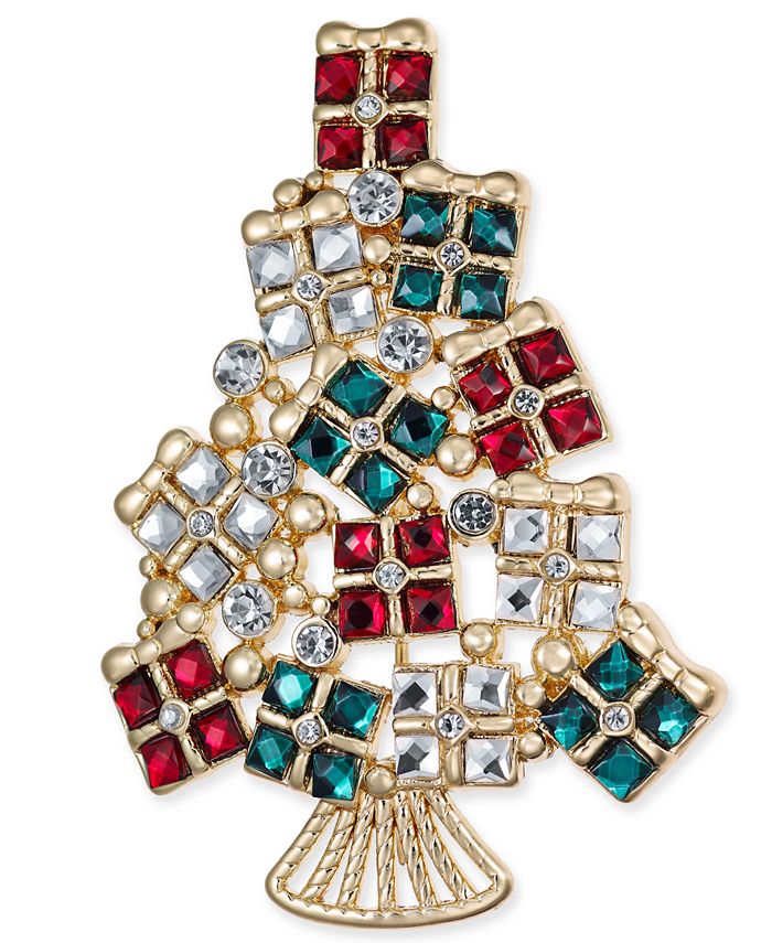Charter Club Gold-Tone Stone & Crystal Christmas Present Tree Pin ...
