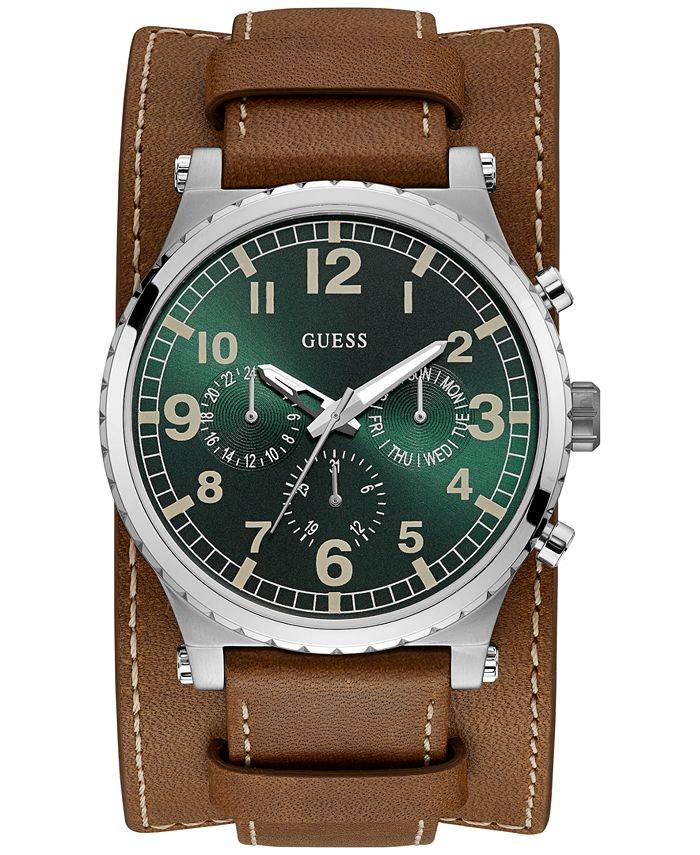 GUESS Men's Brown Leather Cuff Strap Watch 46mm - Macy's