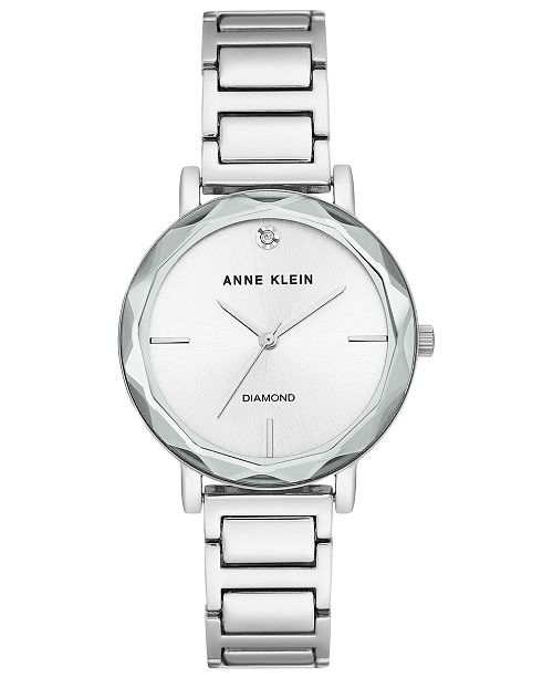 Anne Klein Women's Diamond-Accent Silver-Tone Bracelet Watch 34mm ...