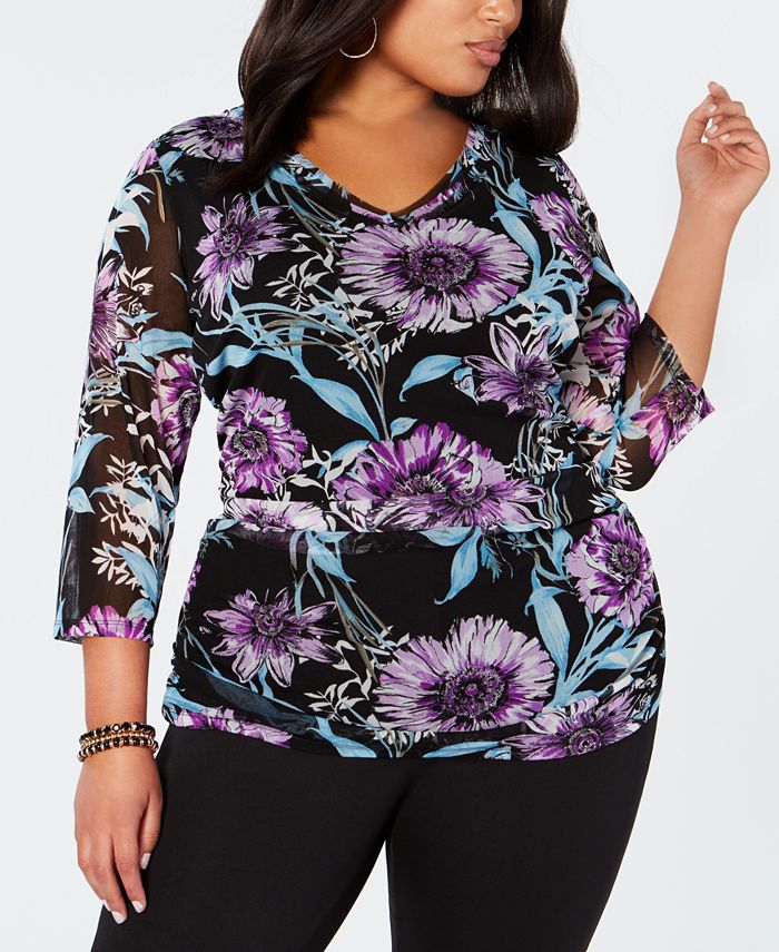 INC International Concepts I.N.C. Plus Size Floral-Print V-Neck Top ...