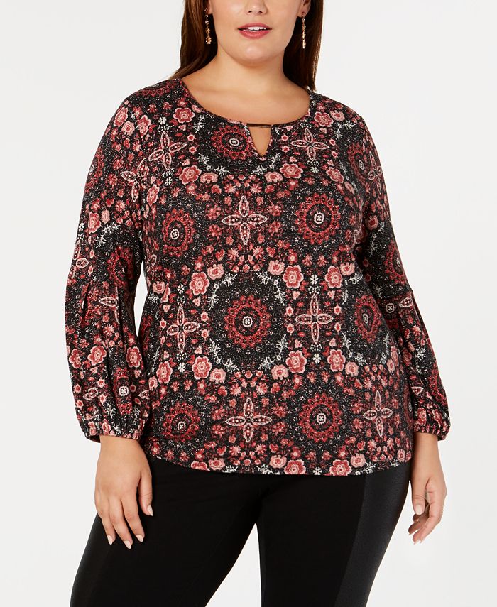 NY Collection Plus Size Printed Keyhole Top - Macy's