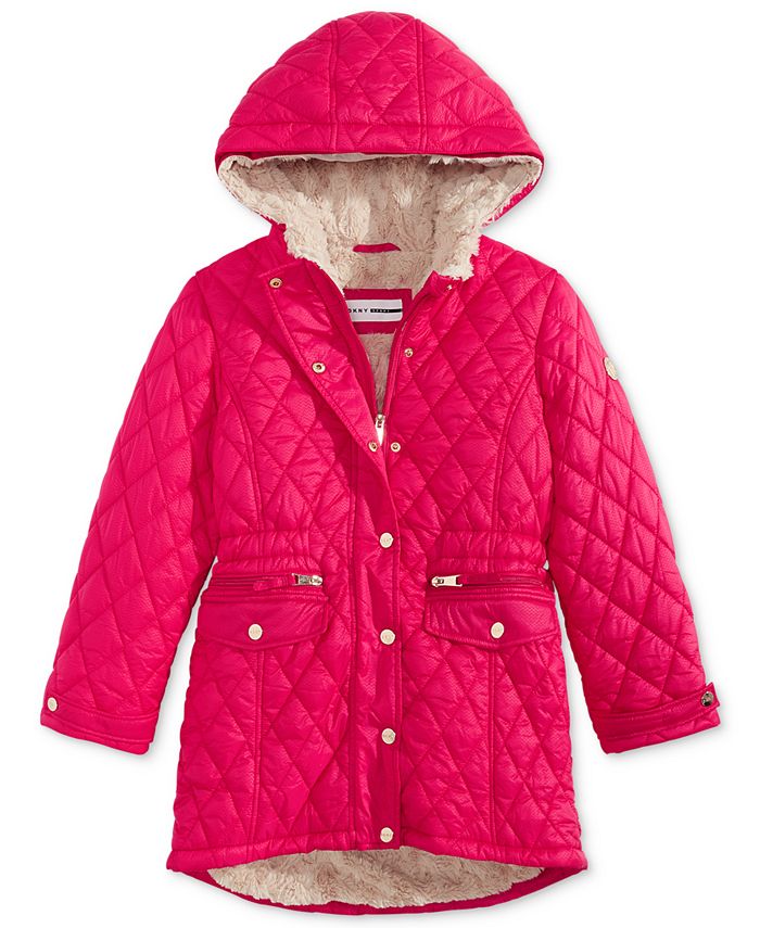 DKNY Big Girls Hooded Quilted Jacket With Removable Faux-Fur Trim - Macy's